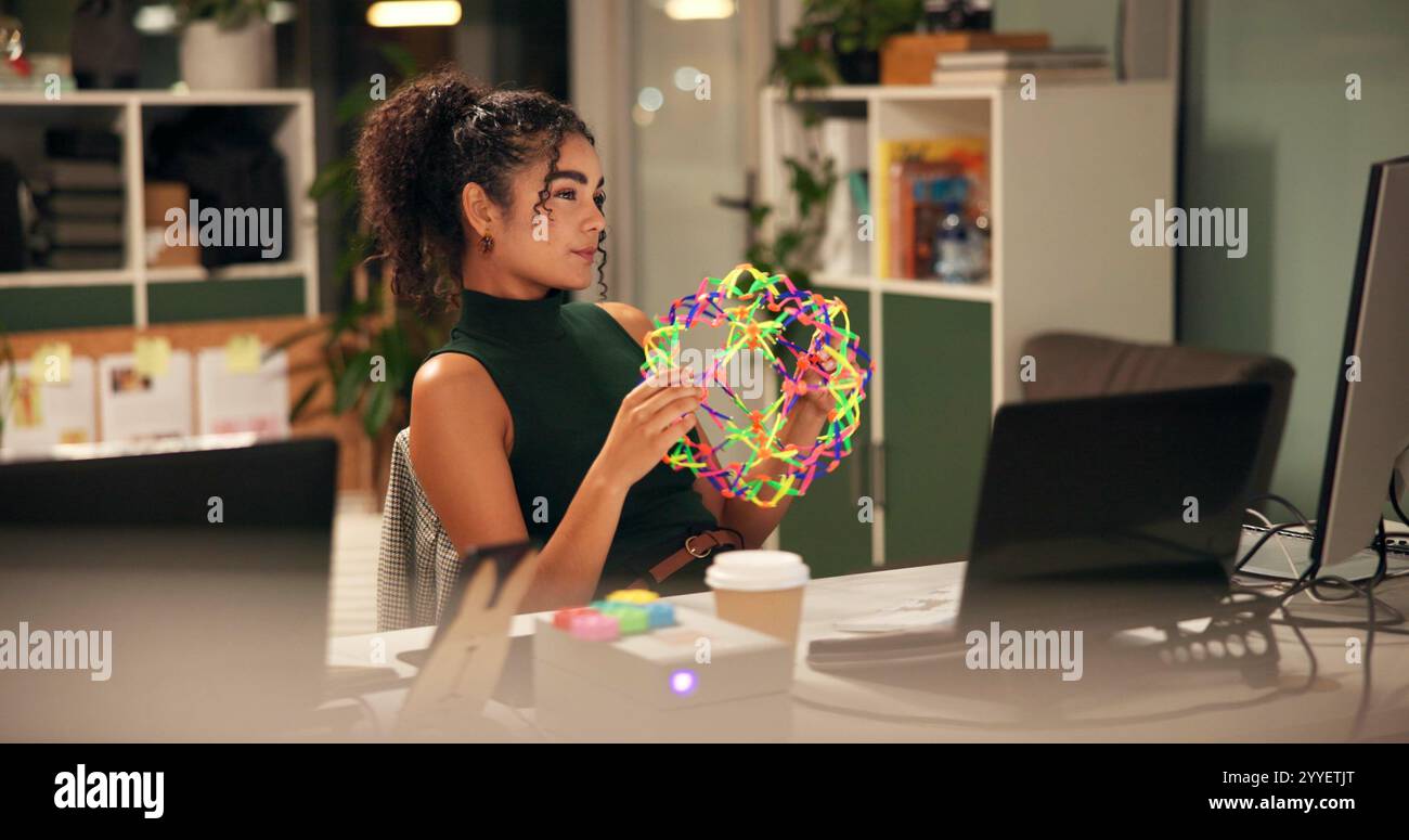 Business woman, laptop and thinking with fidget toy, creative agency ...