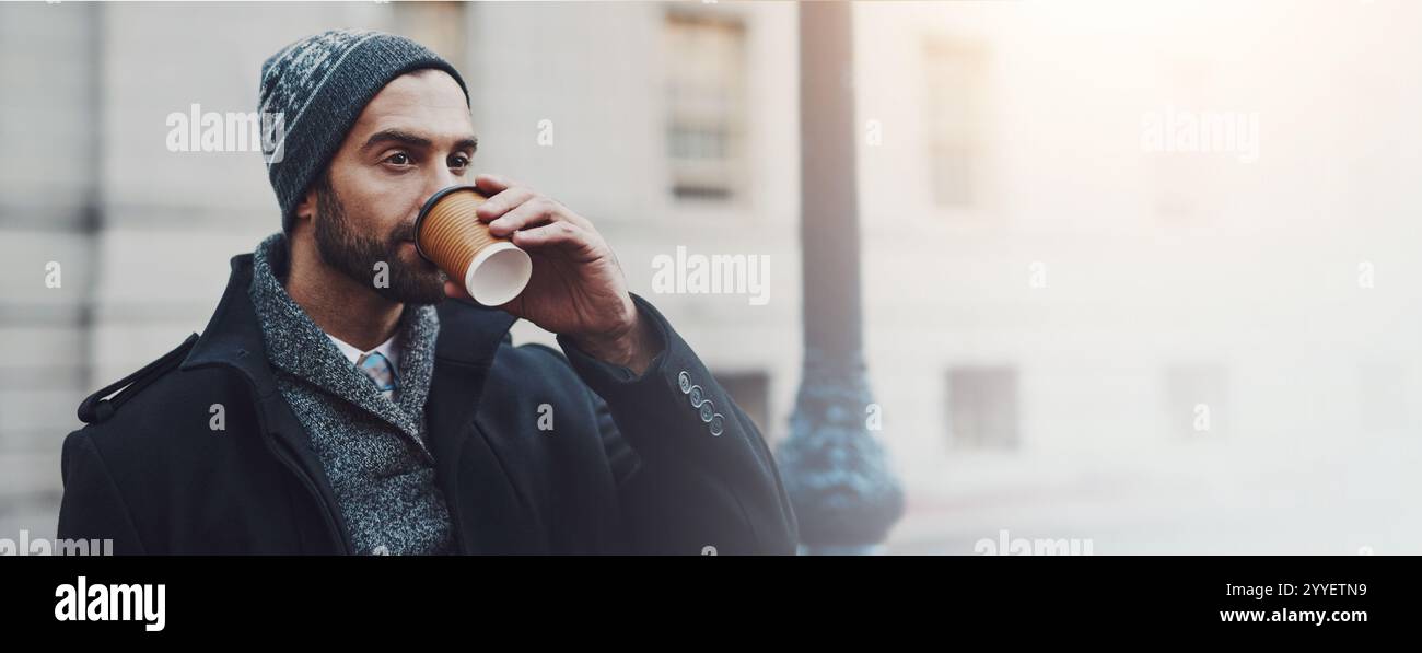 Man, tourist or drinking with coffee in city street for travel ...
