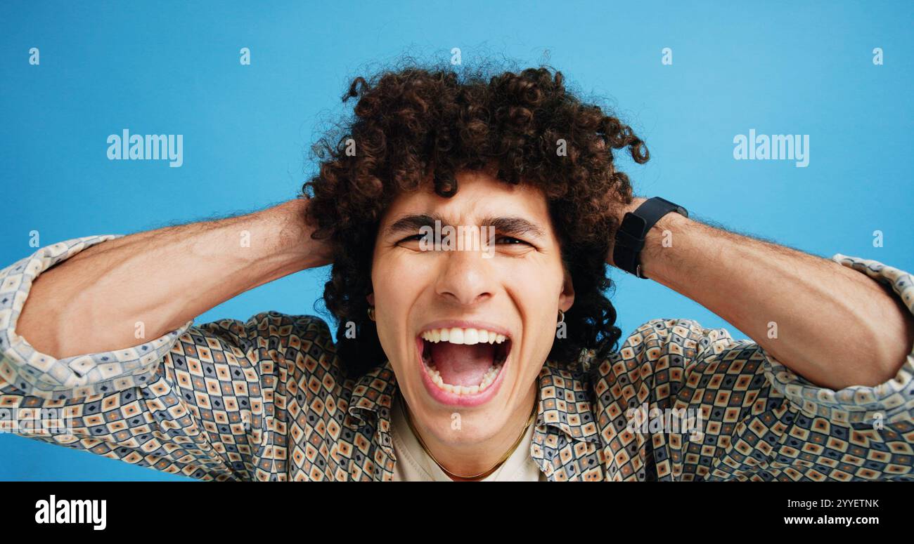 Frustrated man, portrait and shouting with afro for bad hair, crisis or ...