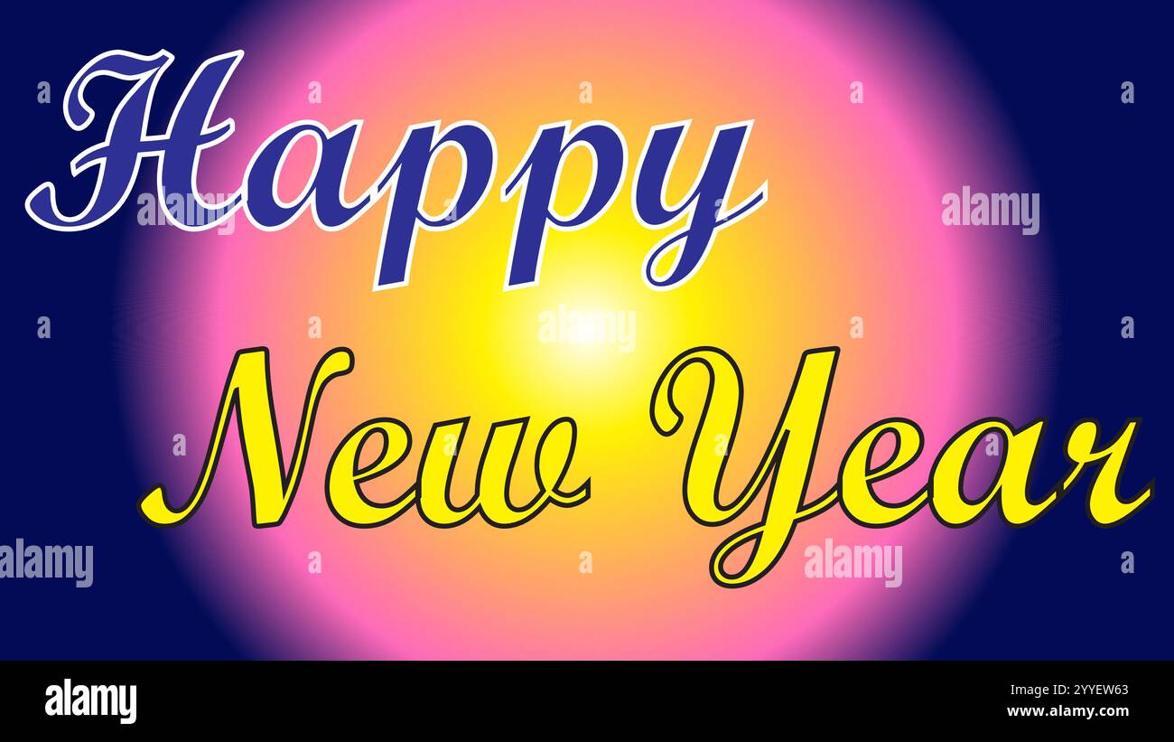 Blue pink yellow radial abstract background with happy new year text in ...