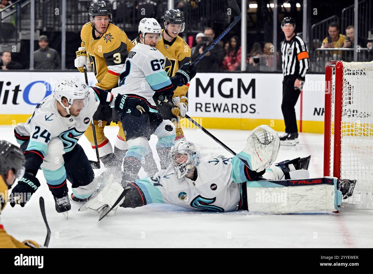Seattle Kraken goaltender Philipp Grubauer (31) defends the goal ...