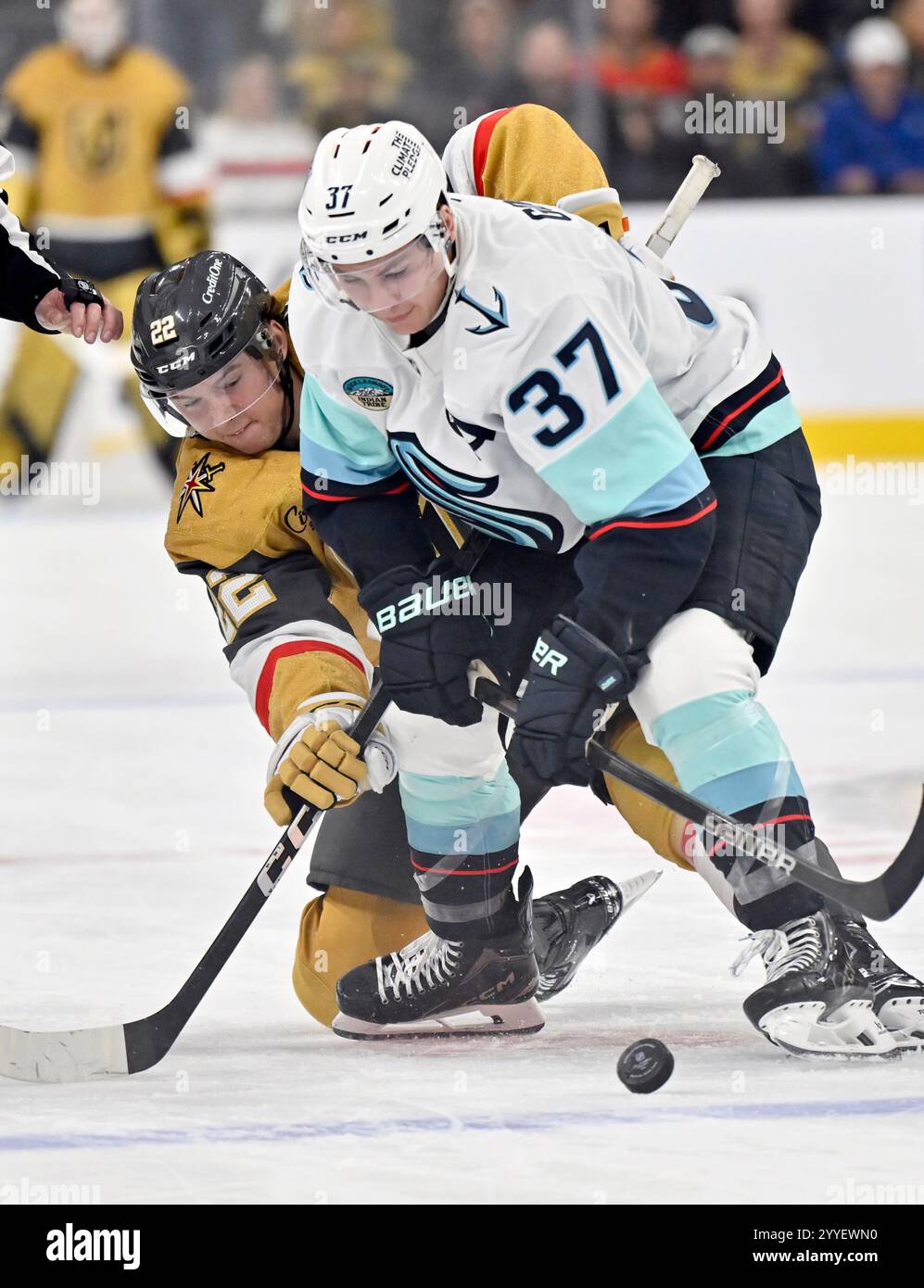 Vegas Golden Knights right wing Cole Schwindt (22) and Seattle Kraken ...