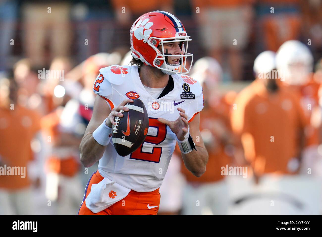 Austin, Texas. 21st Dec, 2024. Clemson quarterback Cade Klubnik (2) looks to pass the ball ...