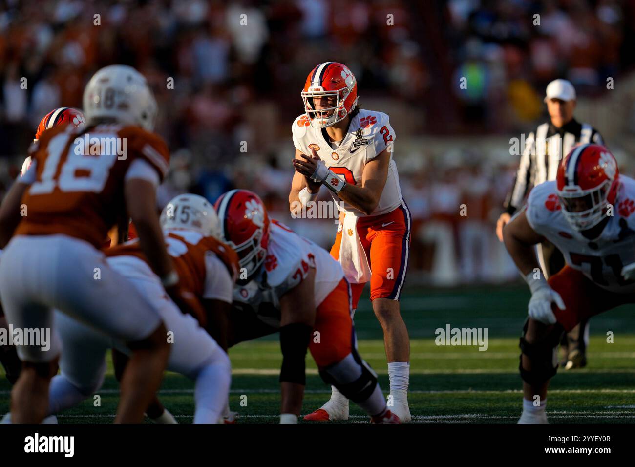 Austin, Texas. 21st Dec, 2024. Clemson quarterback Cade Klubnik (2) prepares for a snap during ...