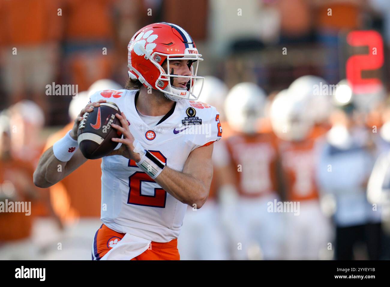 Austin, Texas. 21st Dec, 2024. Clemson quarterback Cade Klubnik (2) looks to pass the ball ...