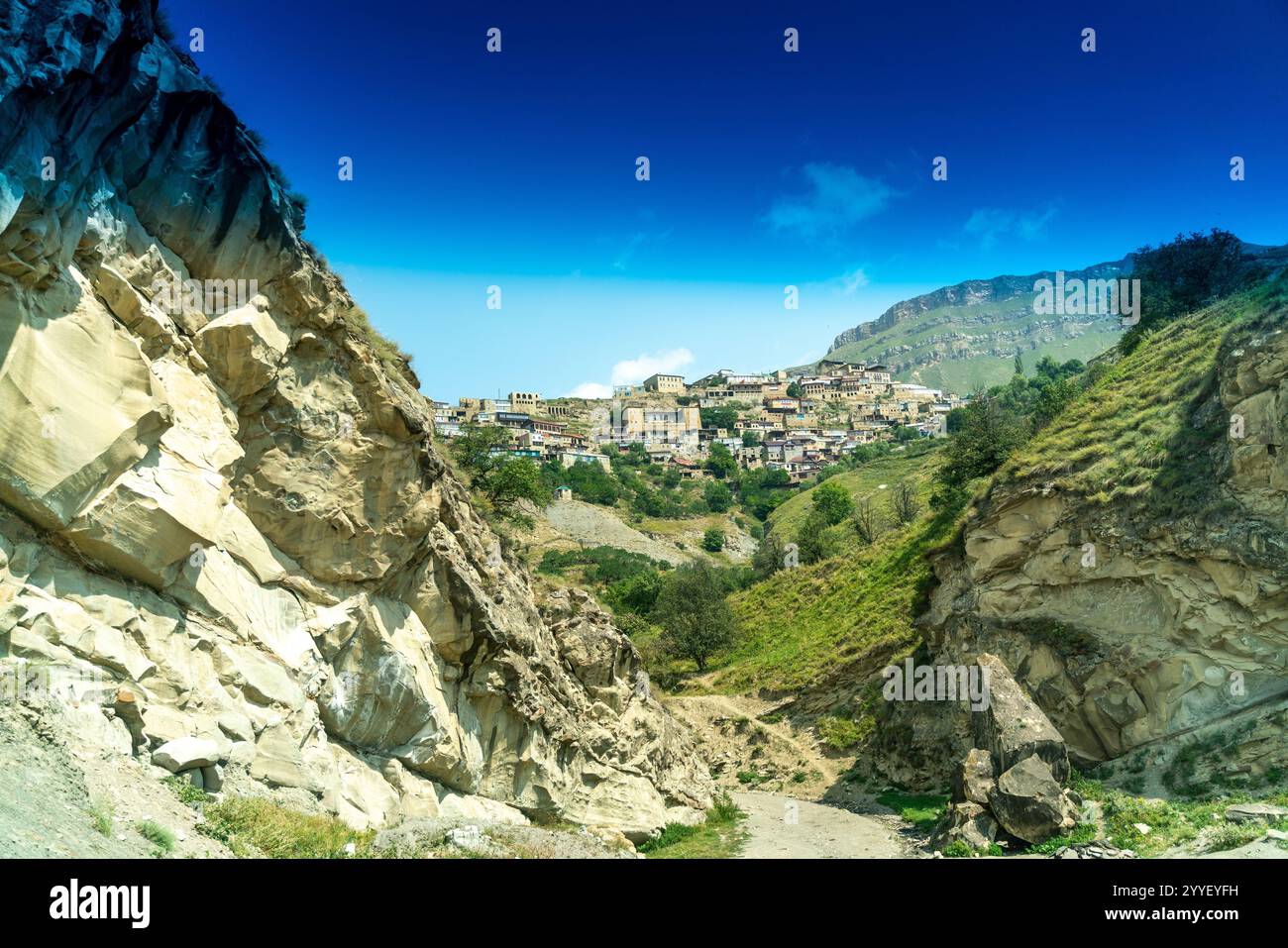 Village of Chokh in Dagestan. Facades of houses located in tiers on a ...