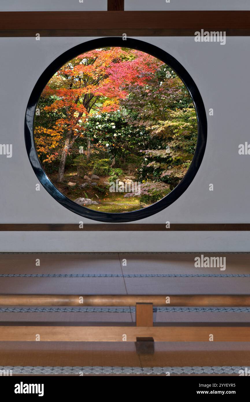 Round window (Window of Enlightenment) with autumn momiji maple foliage ...