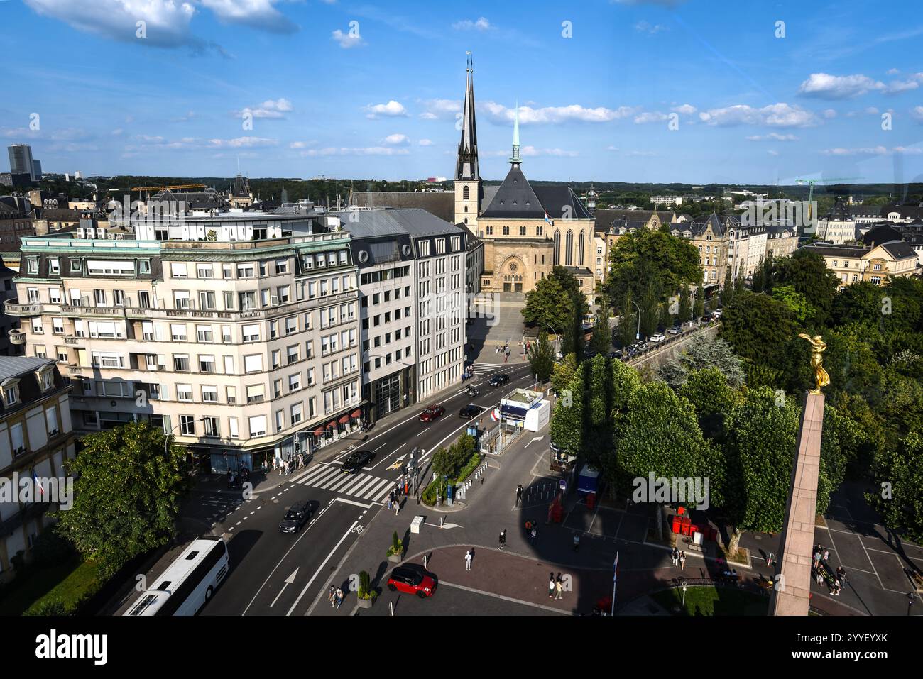 Aerial View of Luxembourg City featuring Notre-Dame Cathedral and Gëlle Fra Monument Stock Photo ...