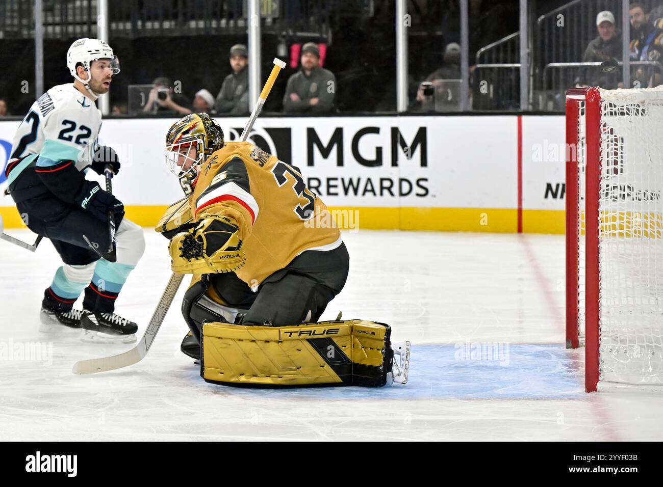 Vegas Golden Knights goaltender Ilya Samsonov (35) deflects the puck over the net after a shot ...