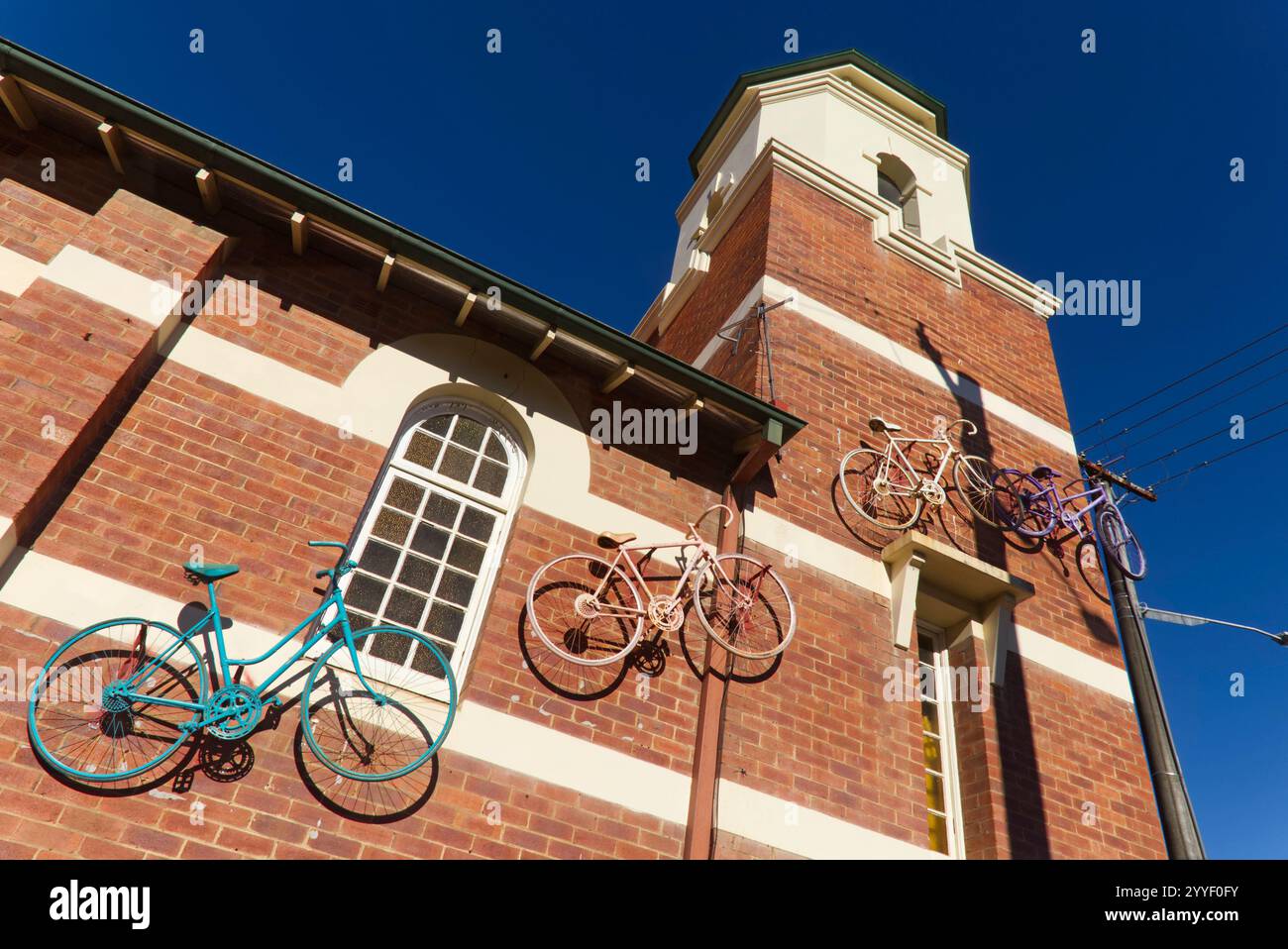 Art installation of bicycles on historic building on Keen Street ...