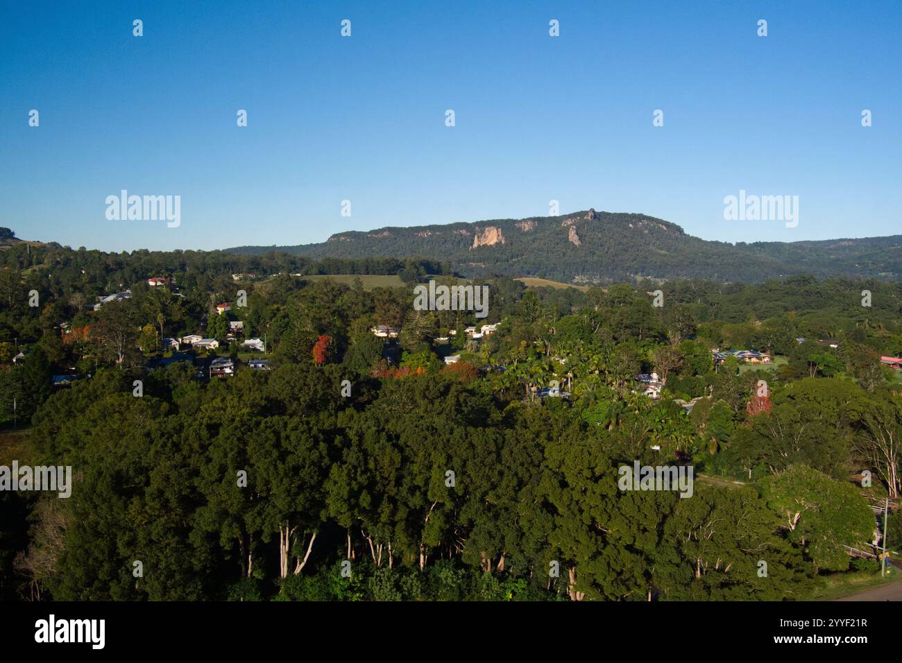 Aerial of Nimbin, a town in the Northern Rivers area of New South Wales ...