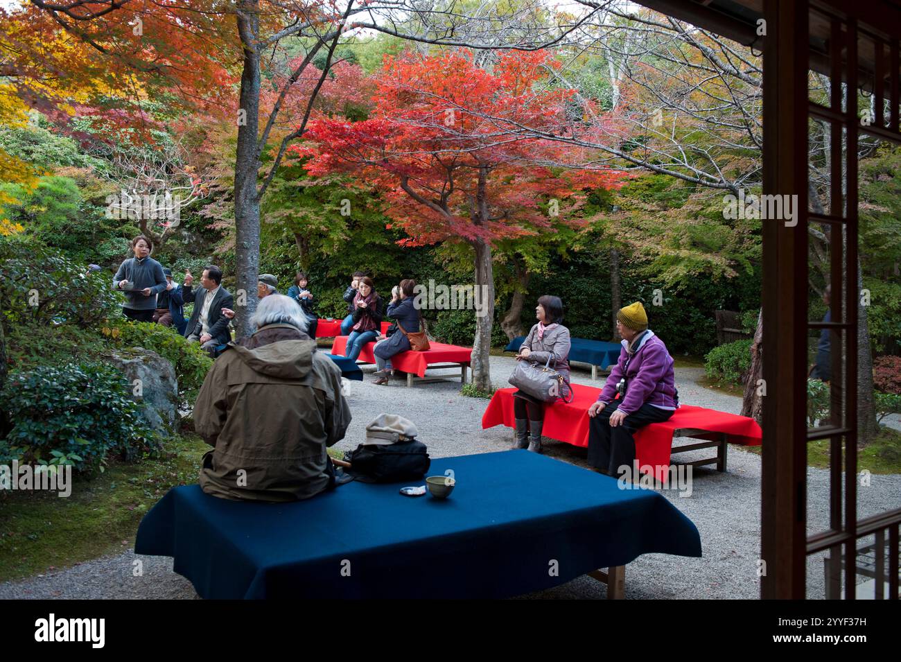 Visitors to Okochi Sanso Villa in Sagano Arashiyama, Kyoto relaxing ...