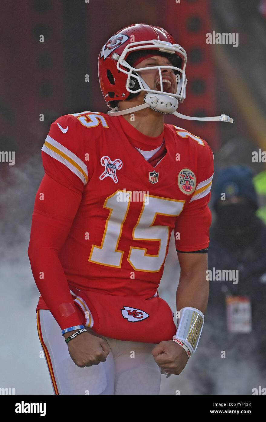 Kansas City Chiefs quarterback Patrick Mahomes (15) reacts as he is ...