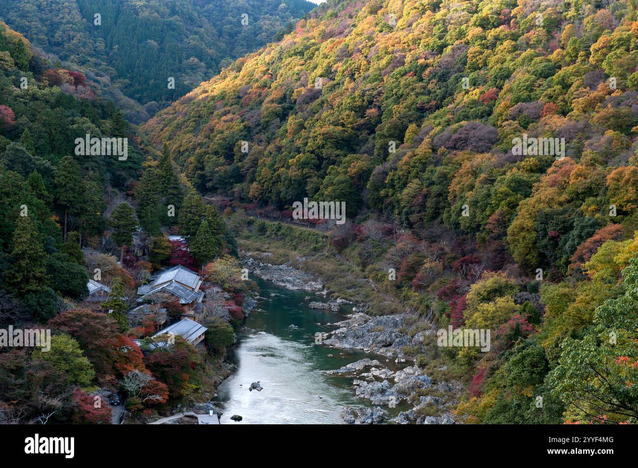 The riverside Kotogase Chaya tea house restaurant nestled on the bank ...