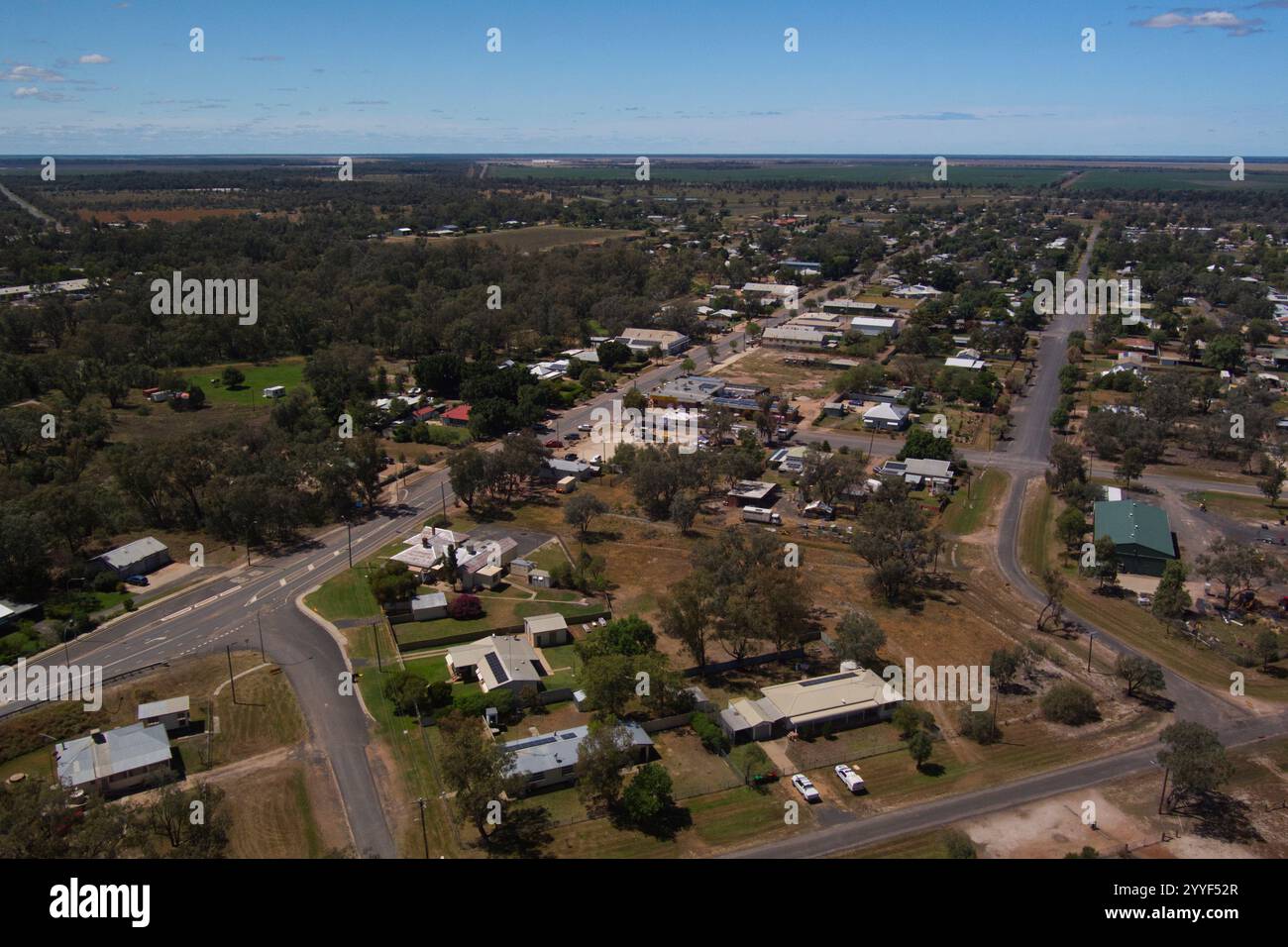 Aerial of Mungindi a town on the New South Wales and Queensland border ...