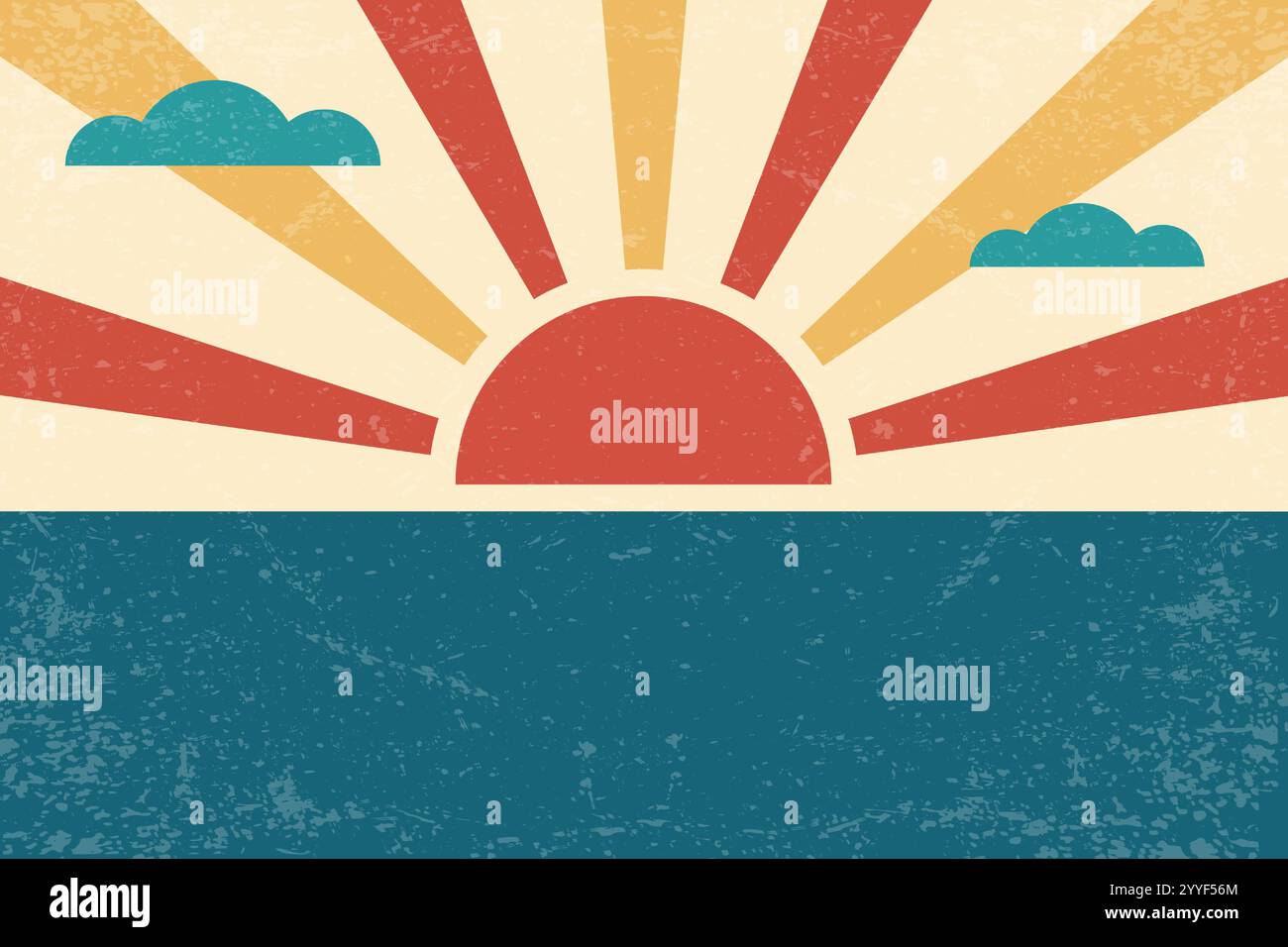 Sunrise retro background. Vector summer 70s poster with beams and sea ...