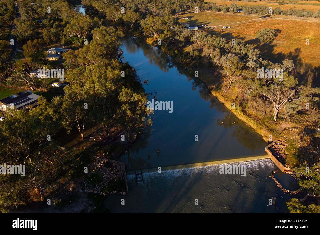 Aerial view of the Barwon River Weir in Collarenebri, New South Wales ...