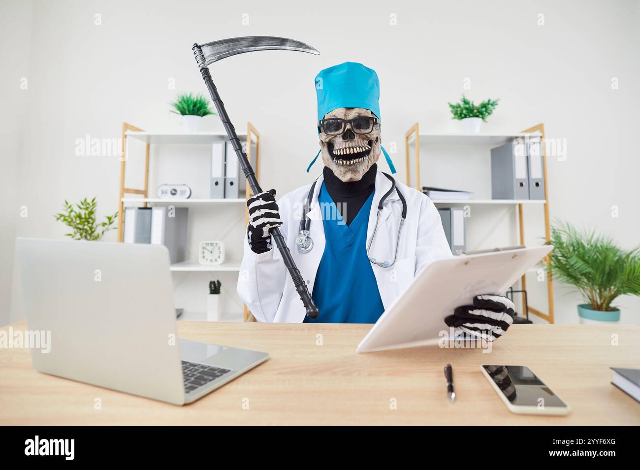 Grim Reaper Portrait Working In Hospital Office Stock Photo - Alamy