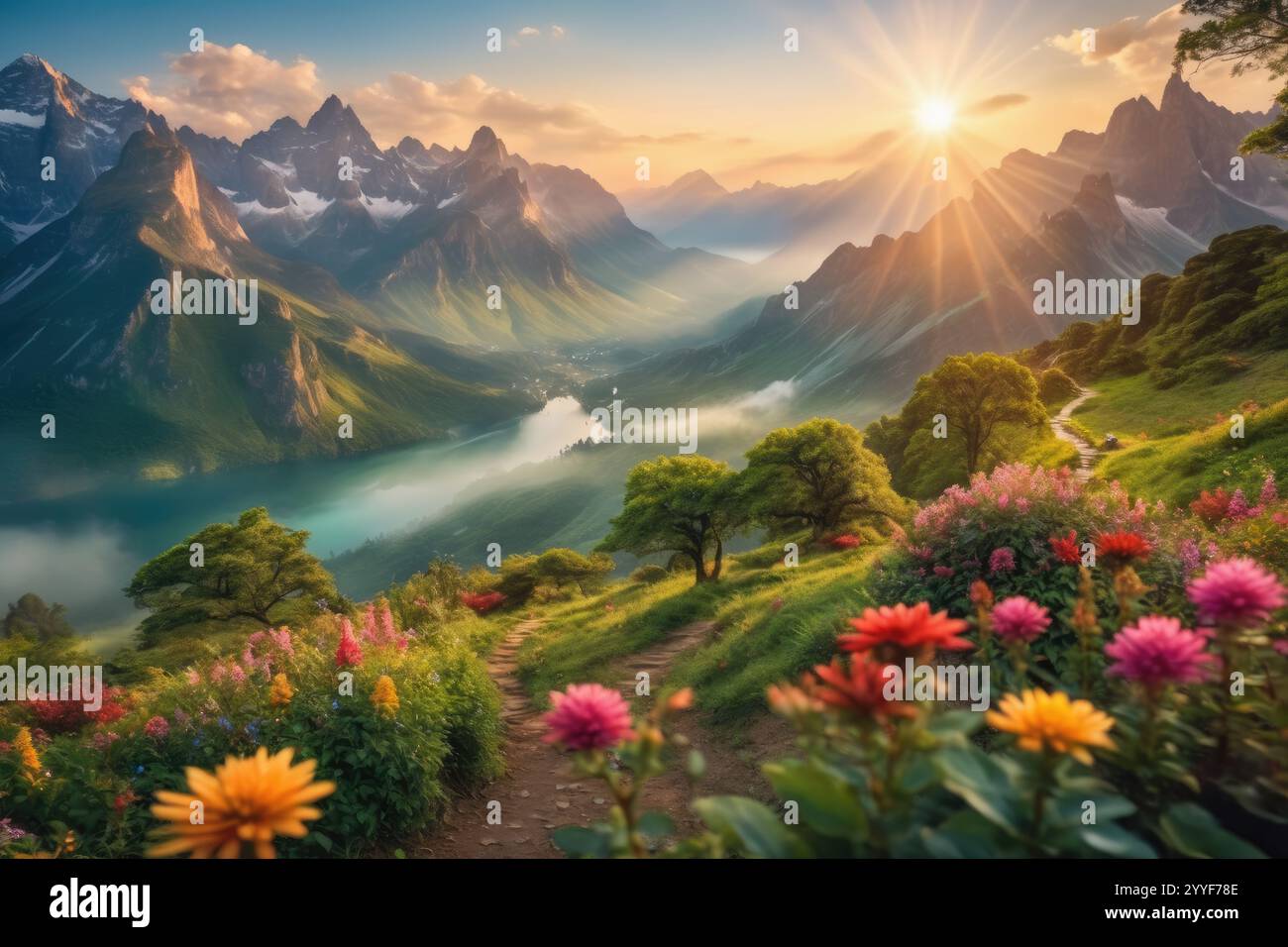 Nature landscape, rive, mountains, flower, grass and tree. Mountain ...