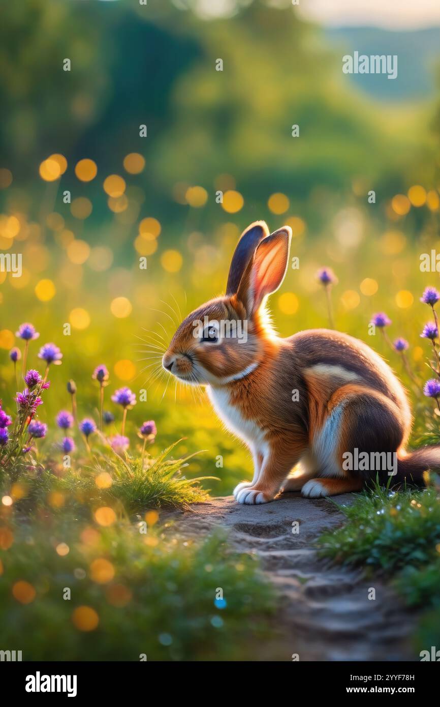Young rabbit in nature in backlight. Rabbit on the outskirts of the ...