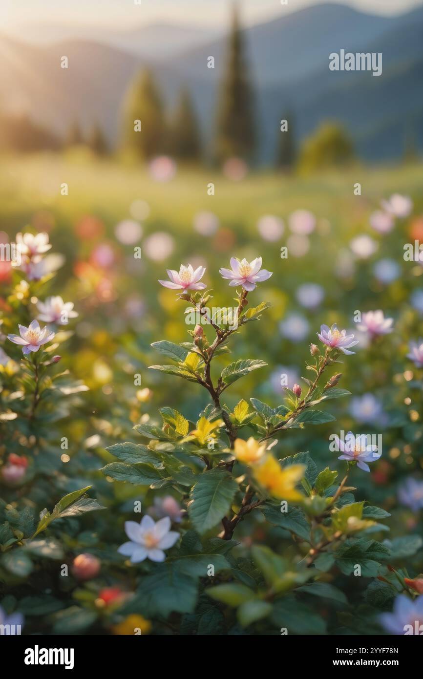 Nature landscape, rive, mountains, flower, grass and tree. Mountain ...