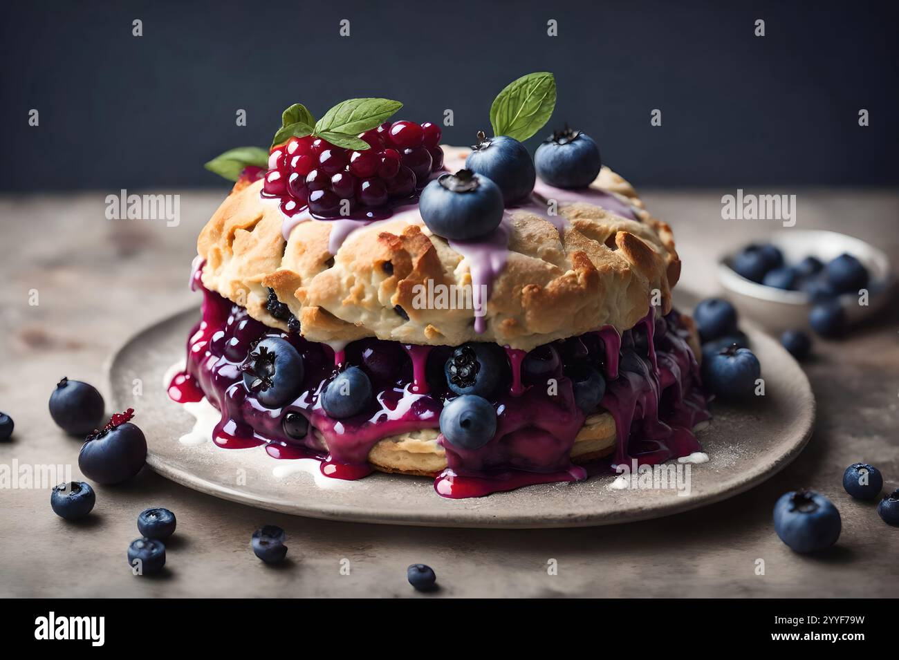 Blueberry gingerbread. Jelly is poured on top. Realistic AI generated ...