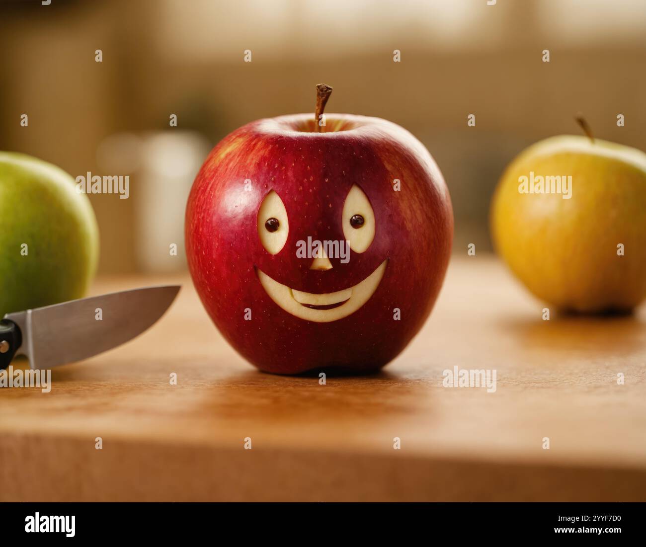 Decorative apple with smile. Red smiling apple. Healthy eating concept ...