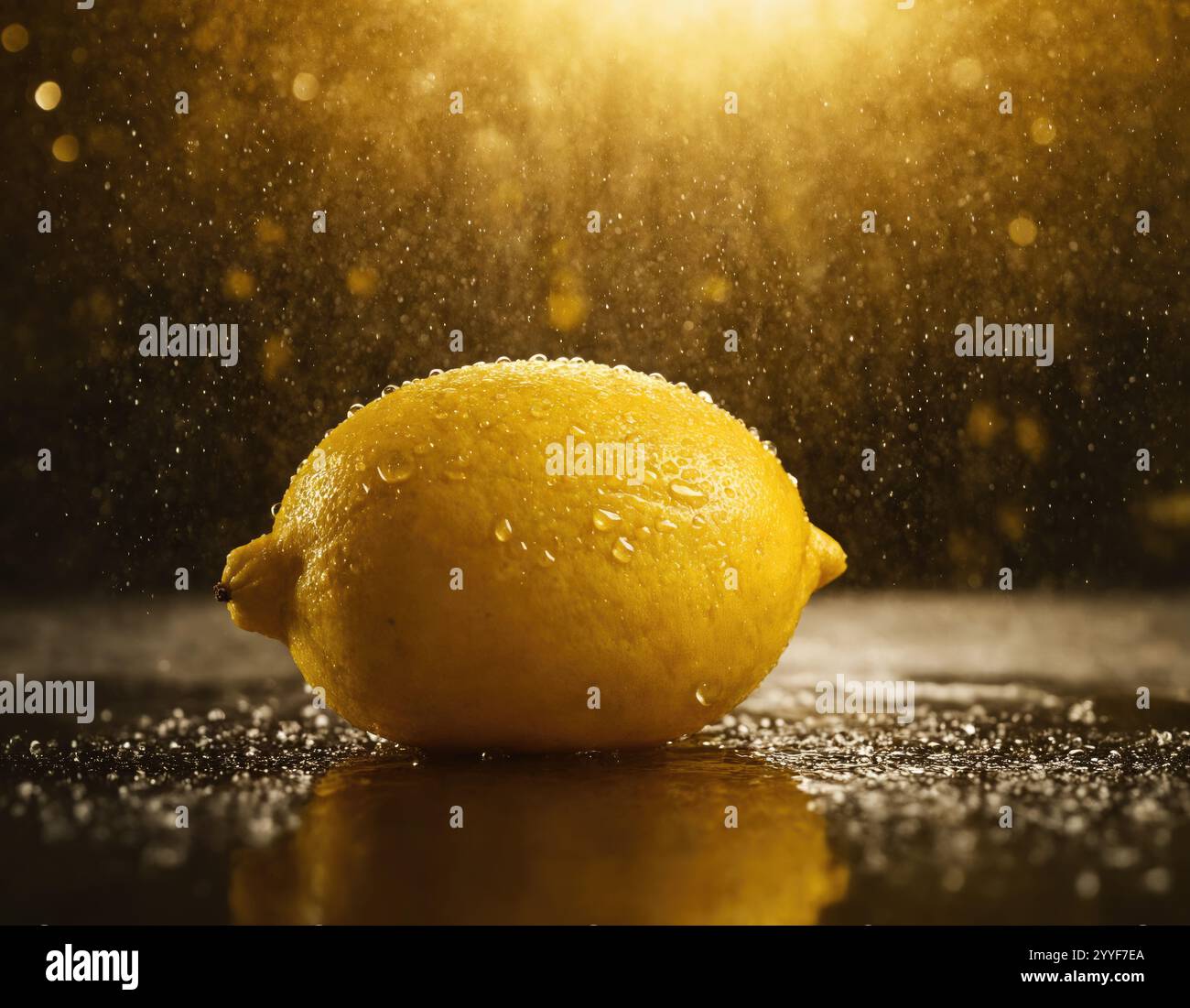 Fresh lemon with water drops in backlight of sun. Lemon fresh, fruit ...