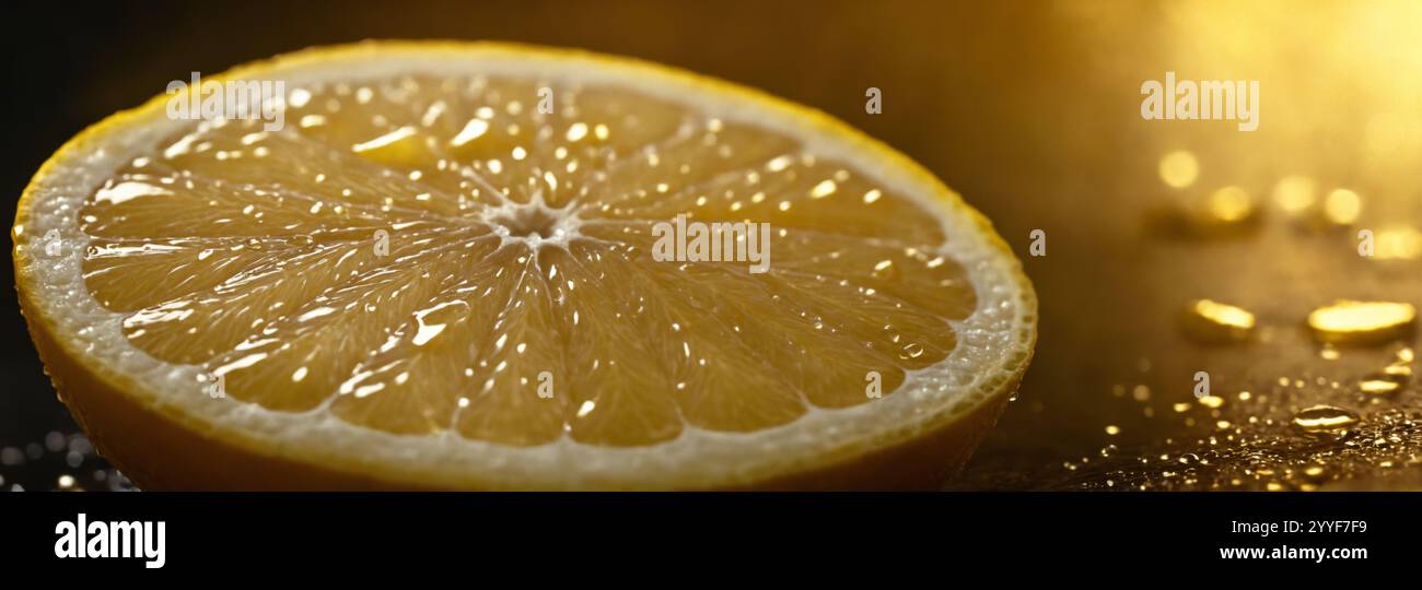 Sliced lemon with water drops in backlight of sun. Lemon slice, fruit ...