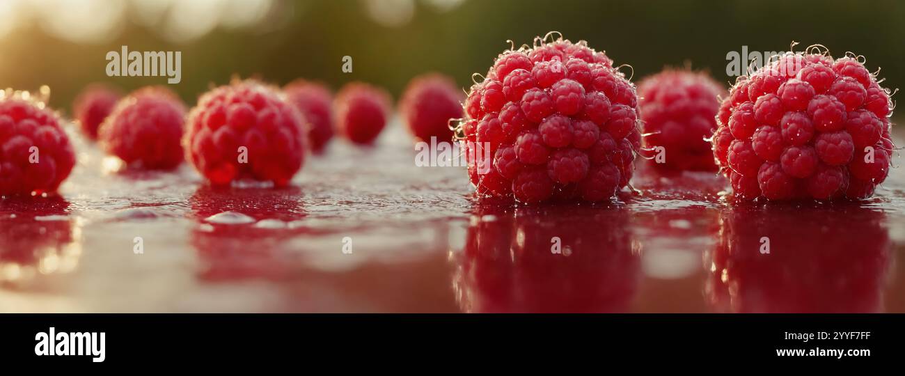 Fresh raspberry with water drops in backlight of sun. Banner for design ...