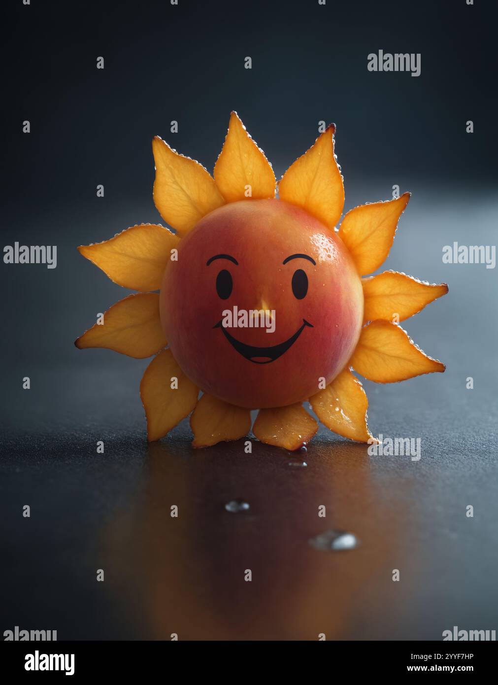 Peach-orange in the form of the sun with water drops in the backlight ...