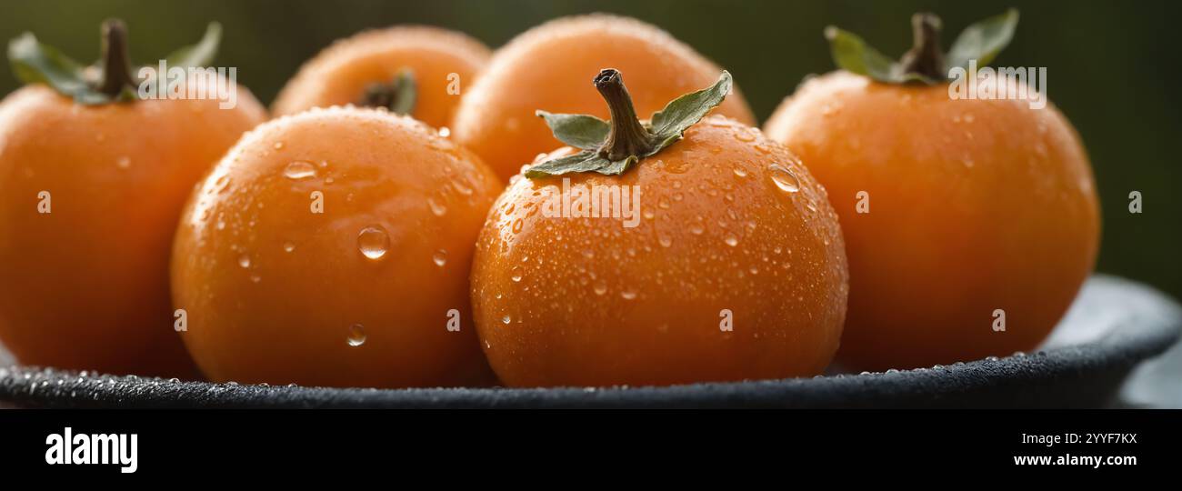 Persimmon with water drops in the backlight of the sun. Fresh persimmon ...