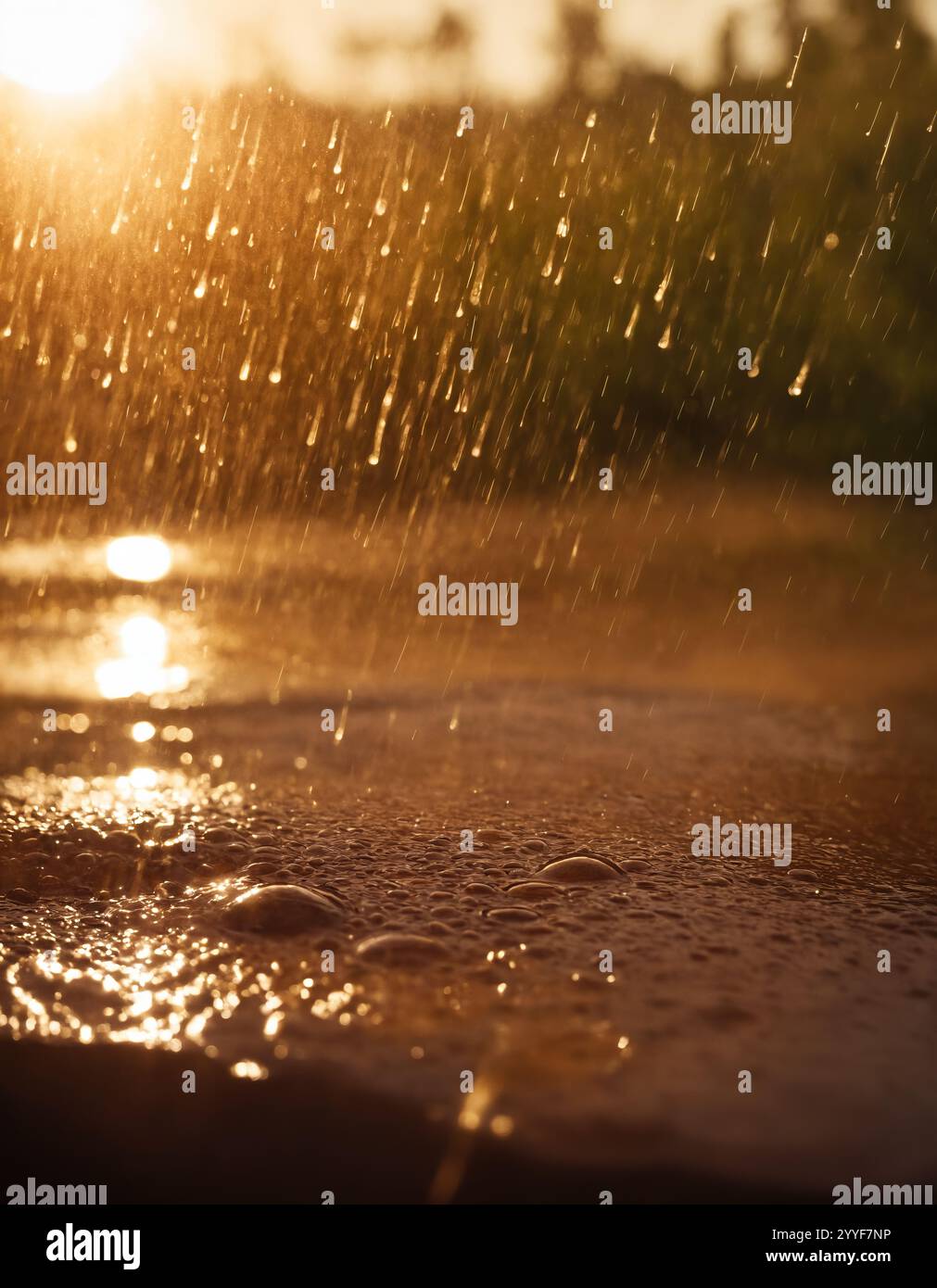 Concept of rain, sun and water. Drops of water shimmer in the backlight ...