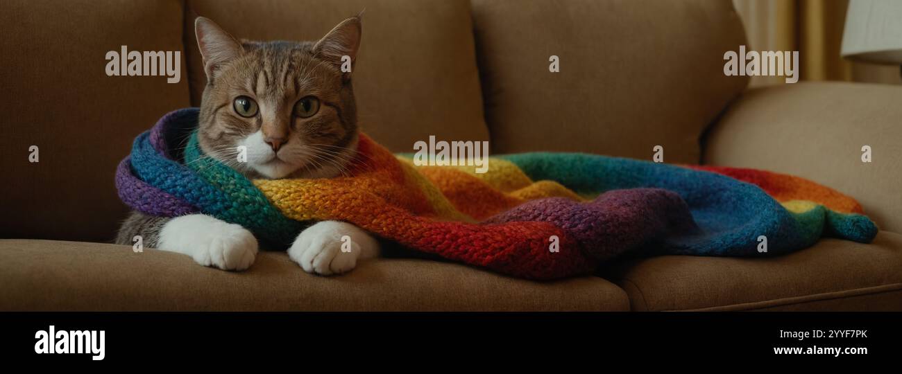 Cat on the sofa in the room. Multi-colored scarf is wrapped around the ...