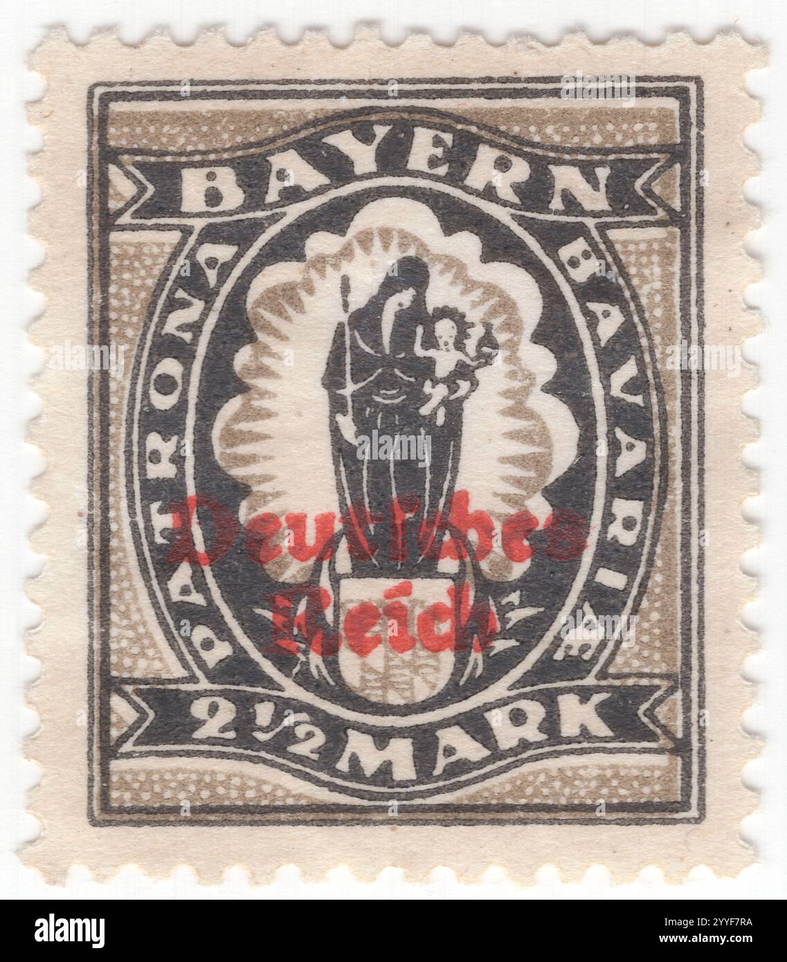 BAVARIA — 1920 April 06: 2½ mark black and gray postage stamp depicting ...