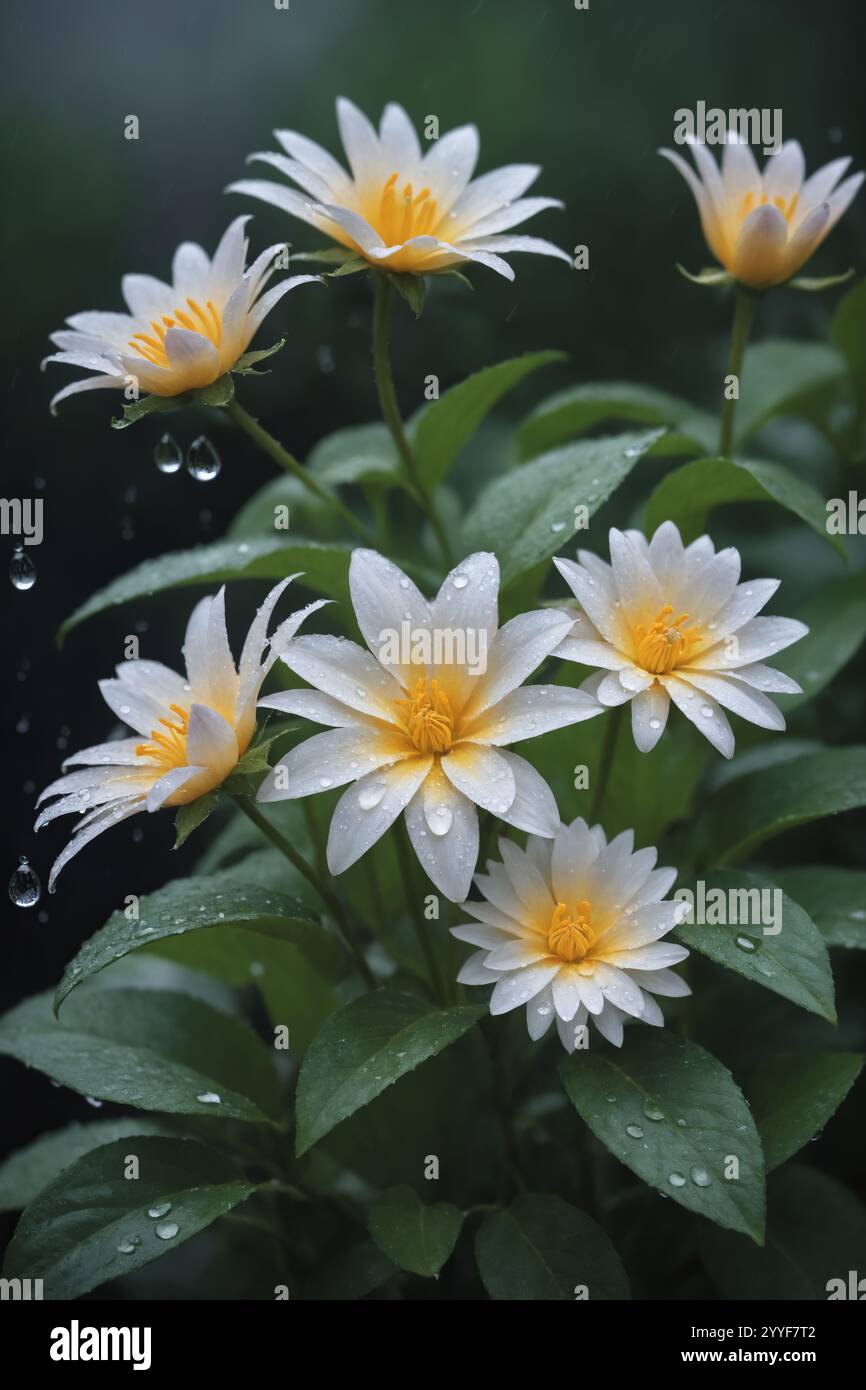 Flowers with water drops, botanical art style, rain. Water drops ...