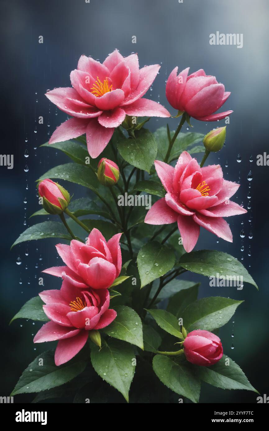 Flowers with water drops, botanical art style, rain. Water drops ...