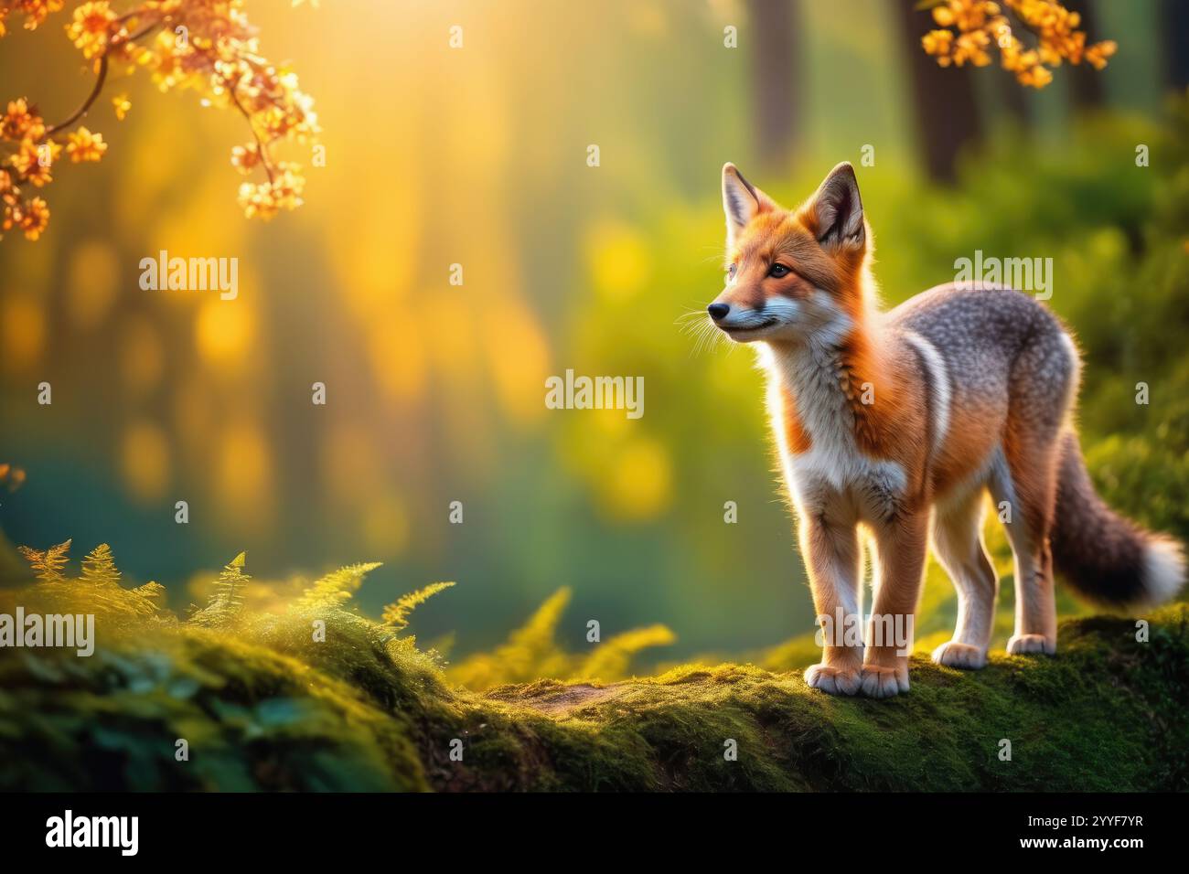 Little fox in nature in backlight. Fox on the outskirts of the forest ...