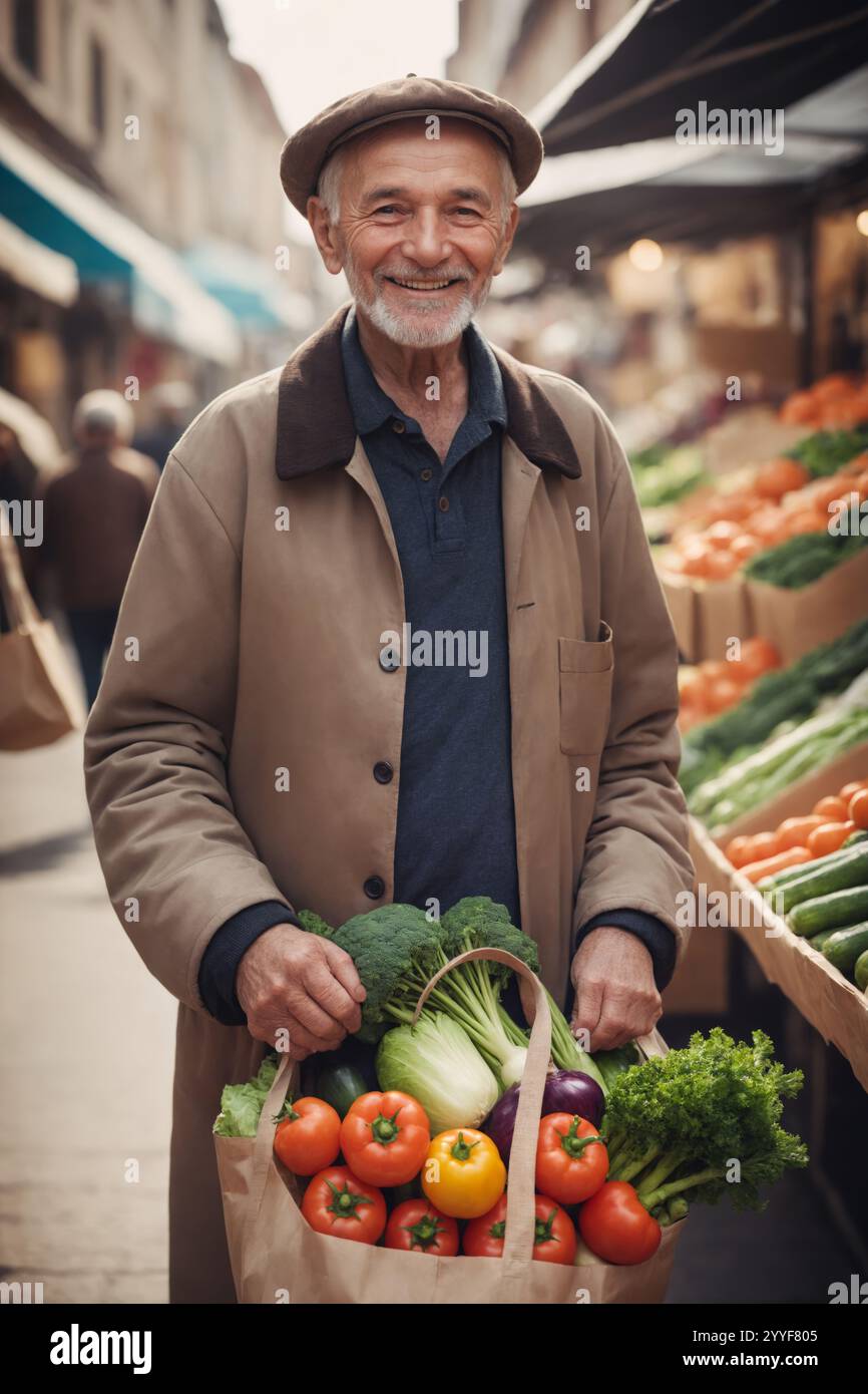 Old man buying vegetables and fruits in the supermarket. Healthy eating ...