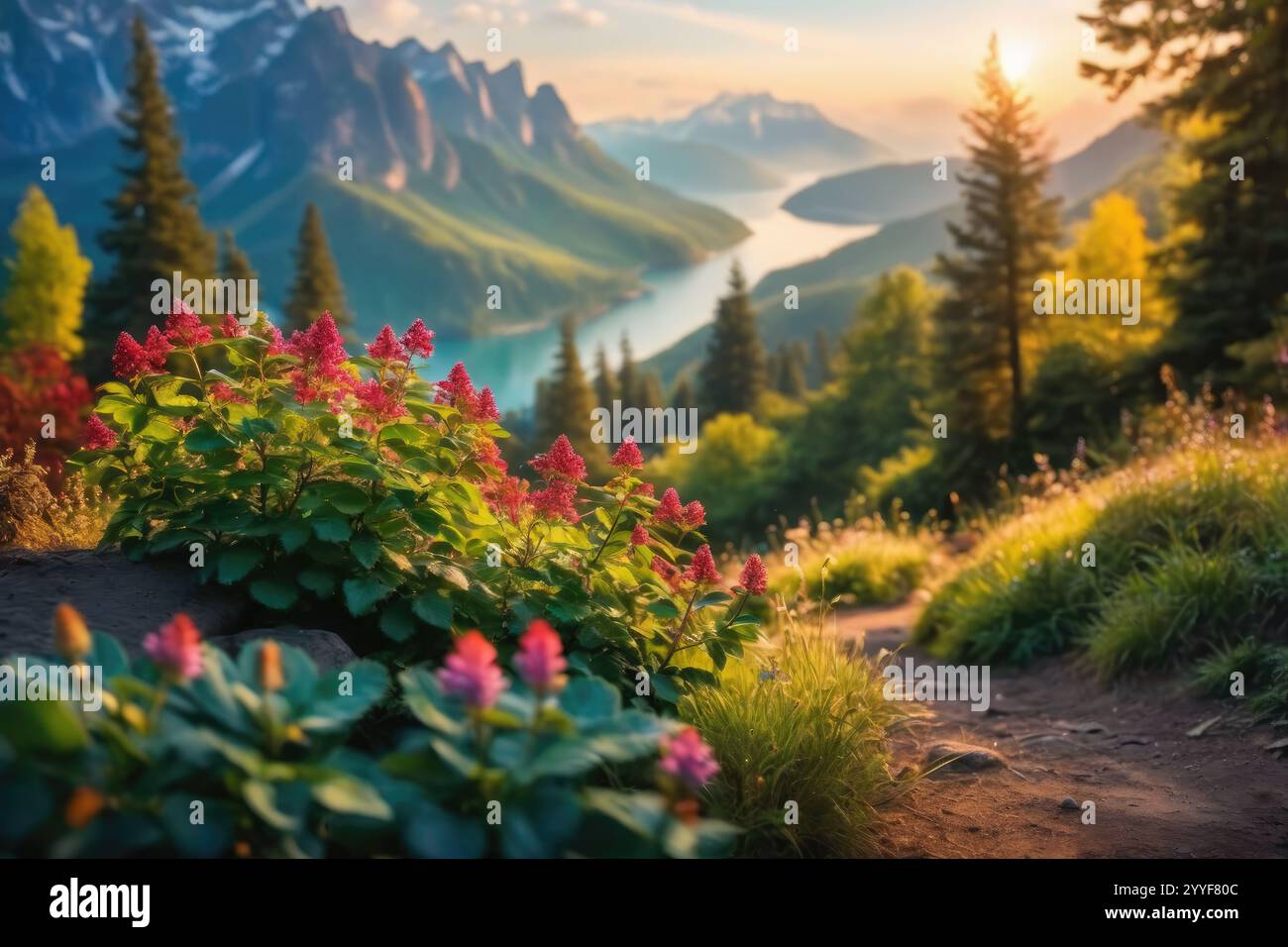 Nature landscape, rive, mountains, flower, grass and tree. Mountain ...
