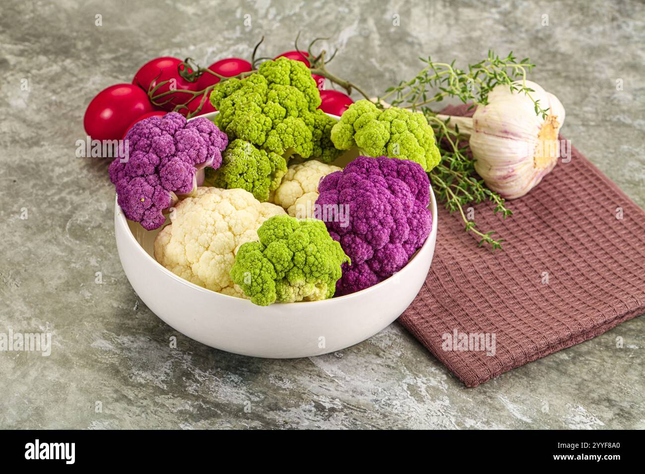 Raw cauliflower different colors heap served leaf Stock Photo - Alamy