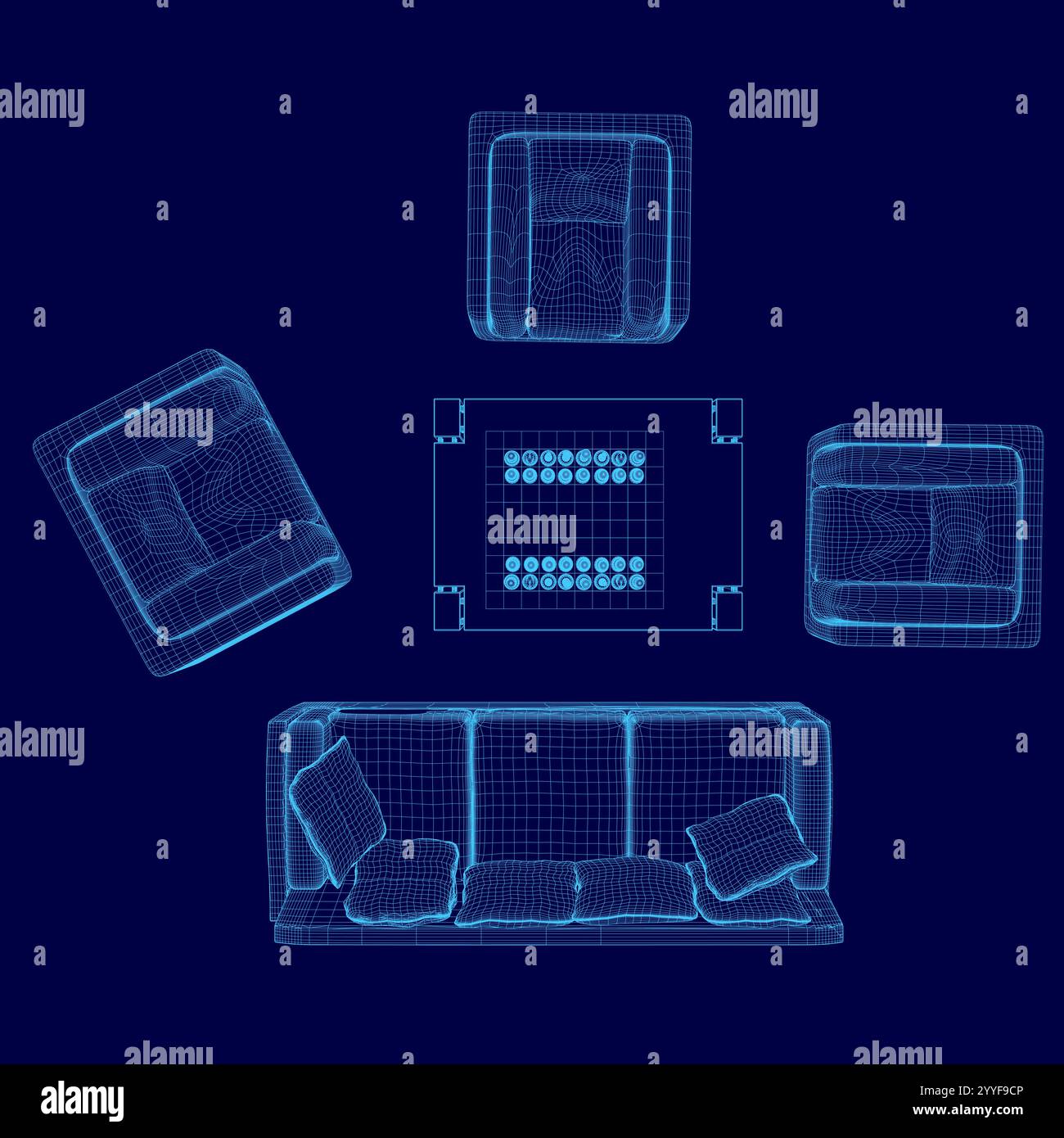 Wireframe sofa, armchairs and table with chess. Top view. Vector ...