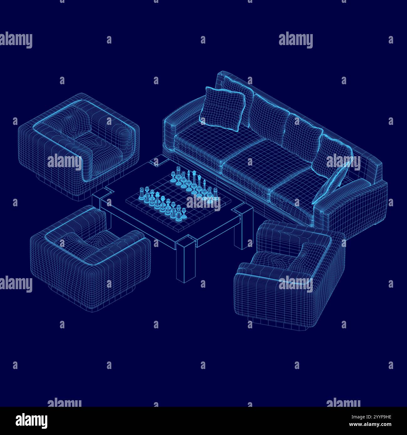 Wireframe sofa, armchairs and table with chess. Isometric view. Vector ...