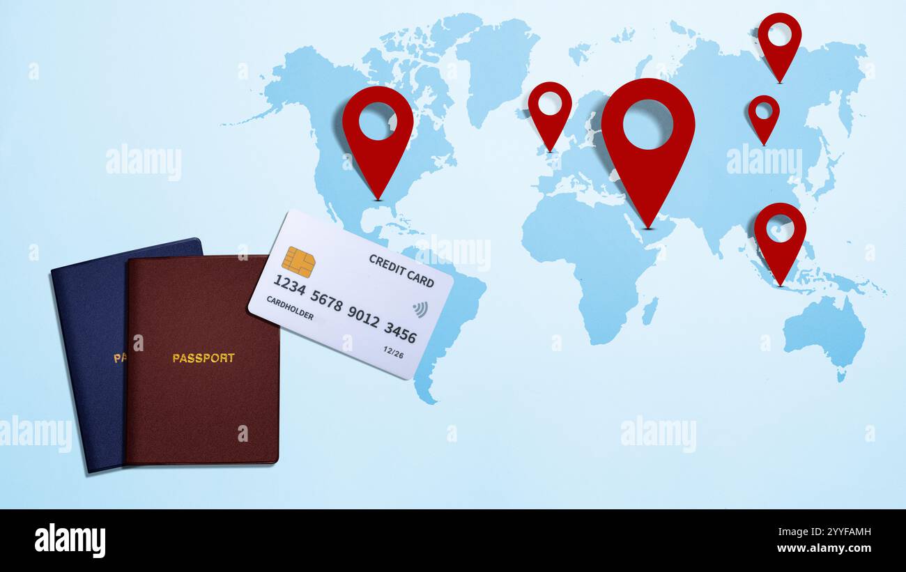 Passport and credit card with location pin on the world map on a ...