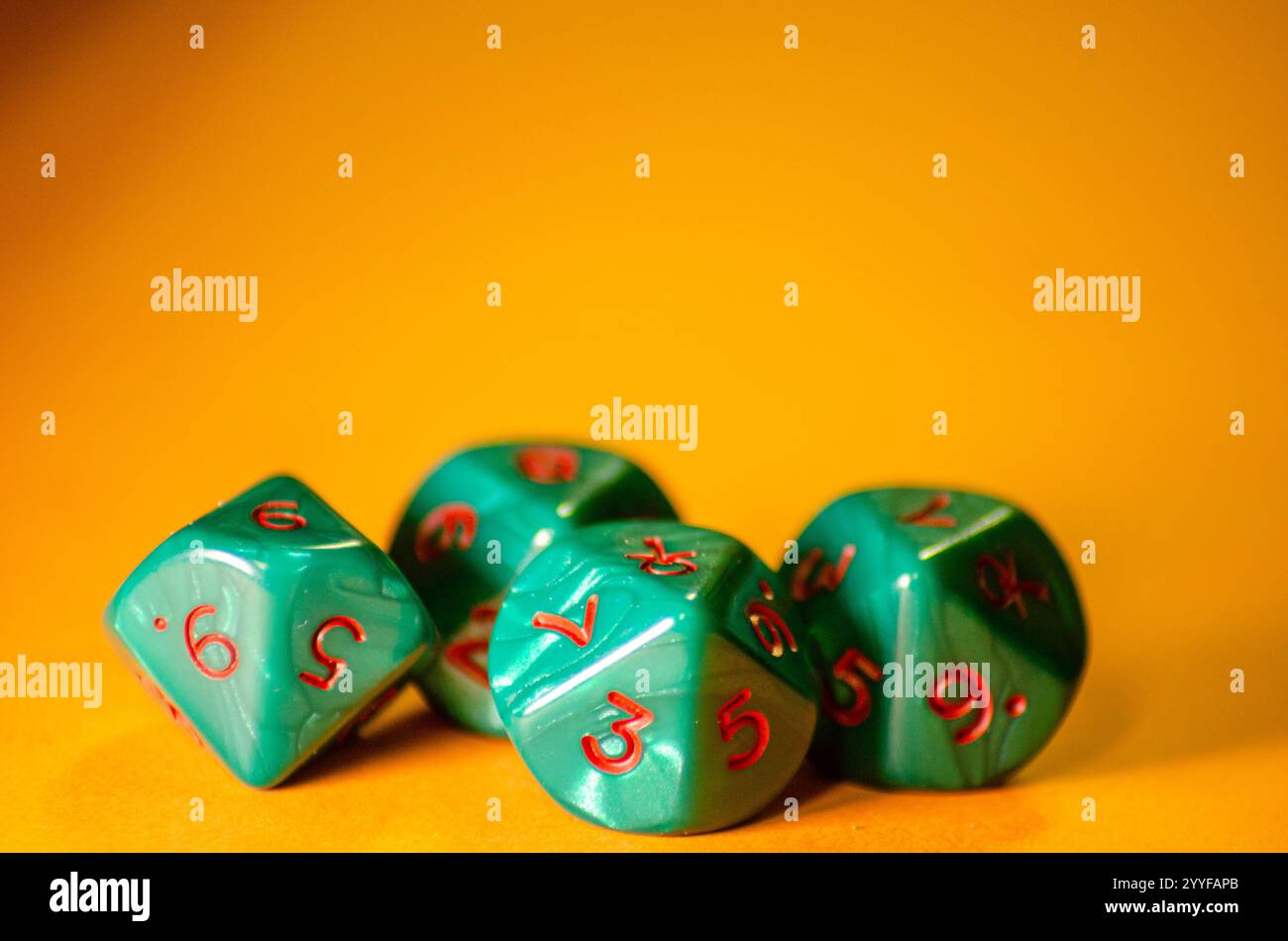 close-up view of four 10-sided dice for board games and role-playing ...