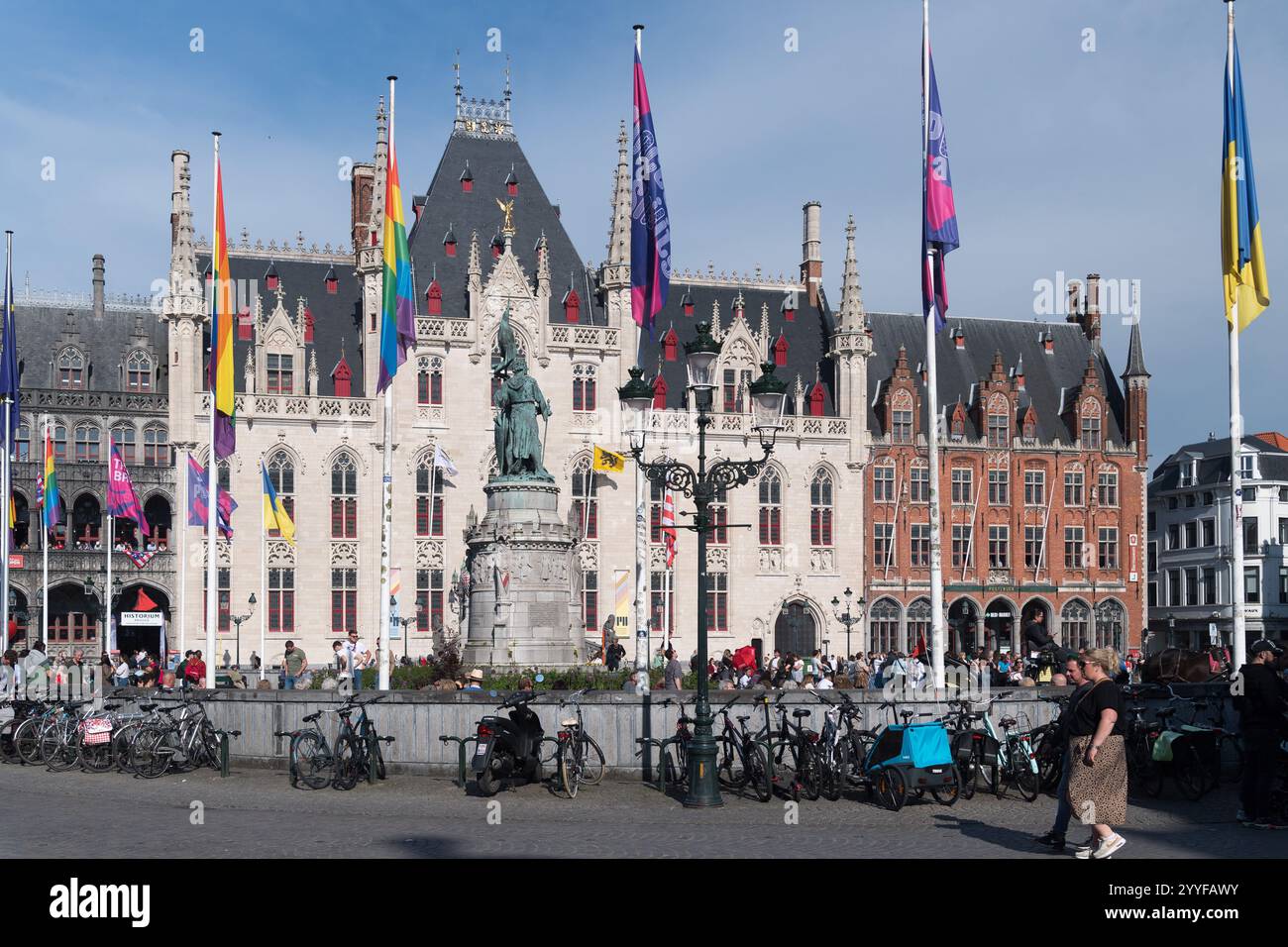 Statue of Jan Breydel and Pieter de Coninck from XIX century in front ...
