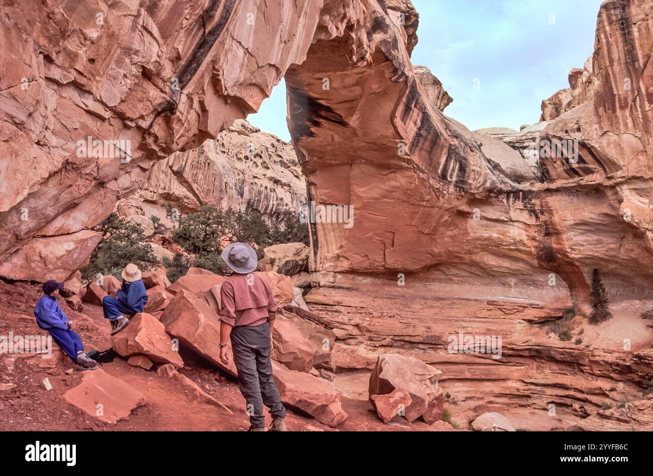 Father and children looking at Hickman Bridge, Kayenta Formation ...