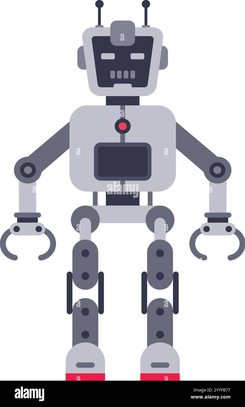 Futuristic robot character standing still with claw hands, antennas and ...