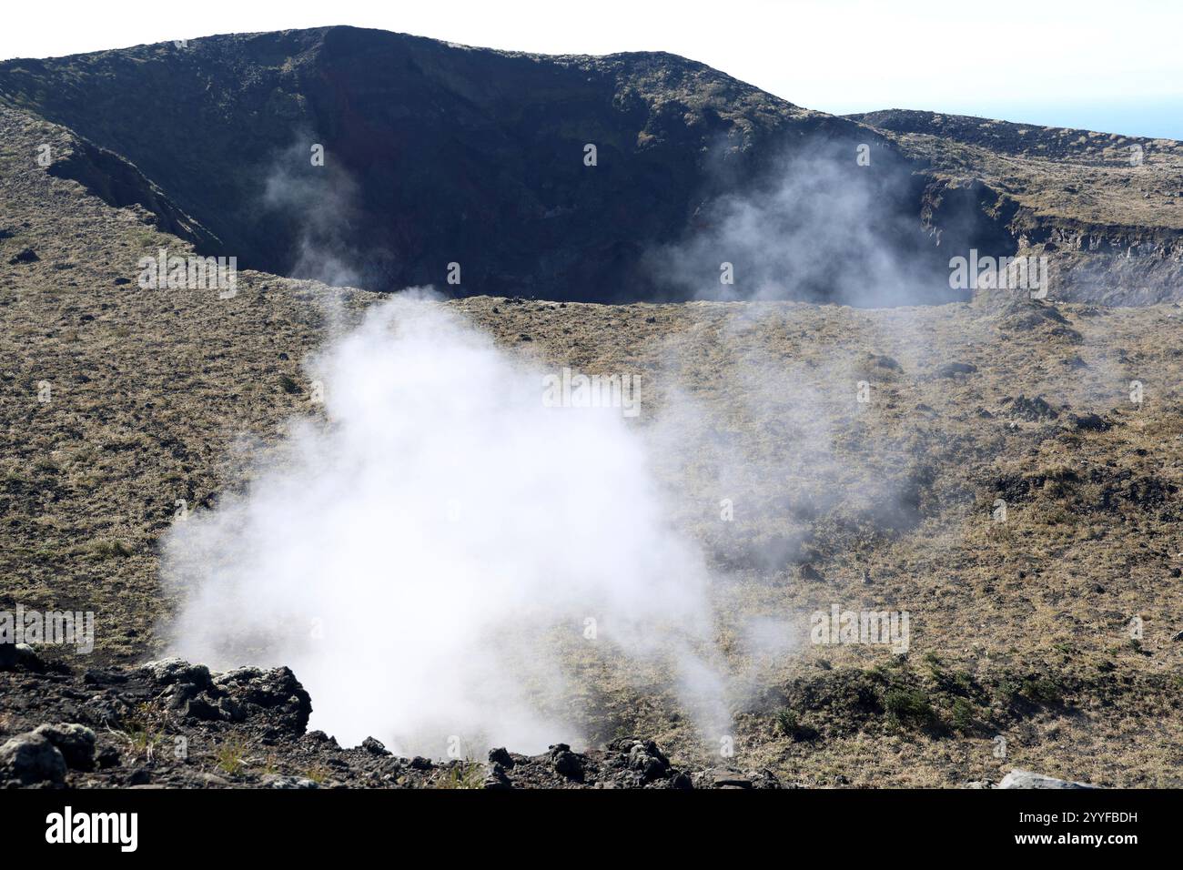 Steam heated by underground magma is seen on Mount Mihara in Oshima ...