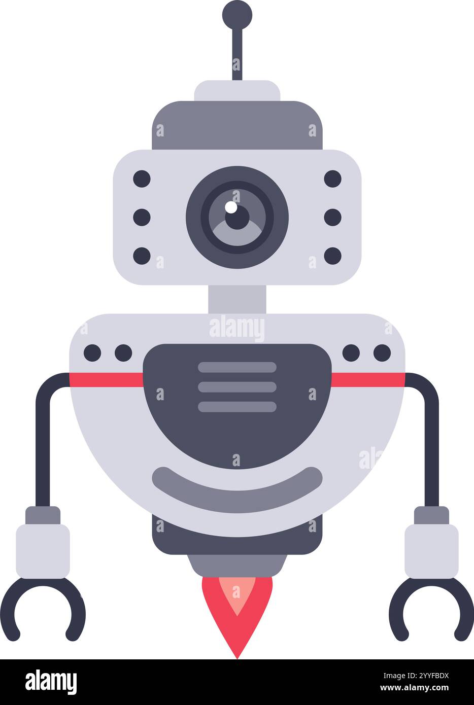 Flying robot with camera and rocket booster launching in a white ...